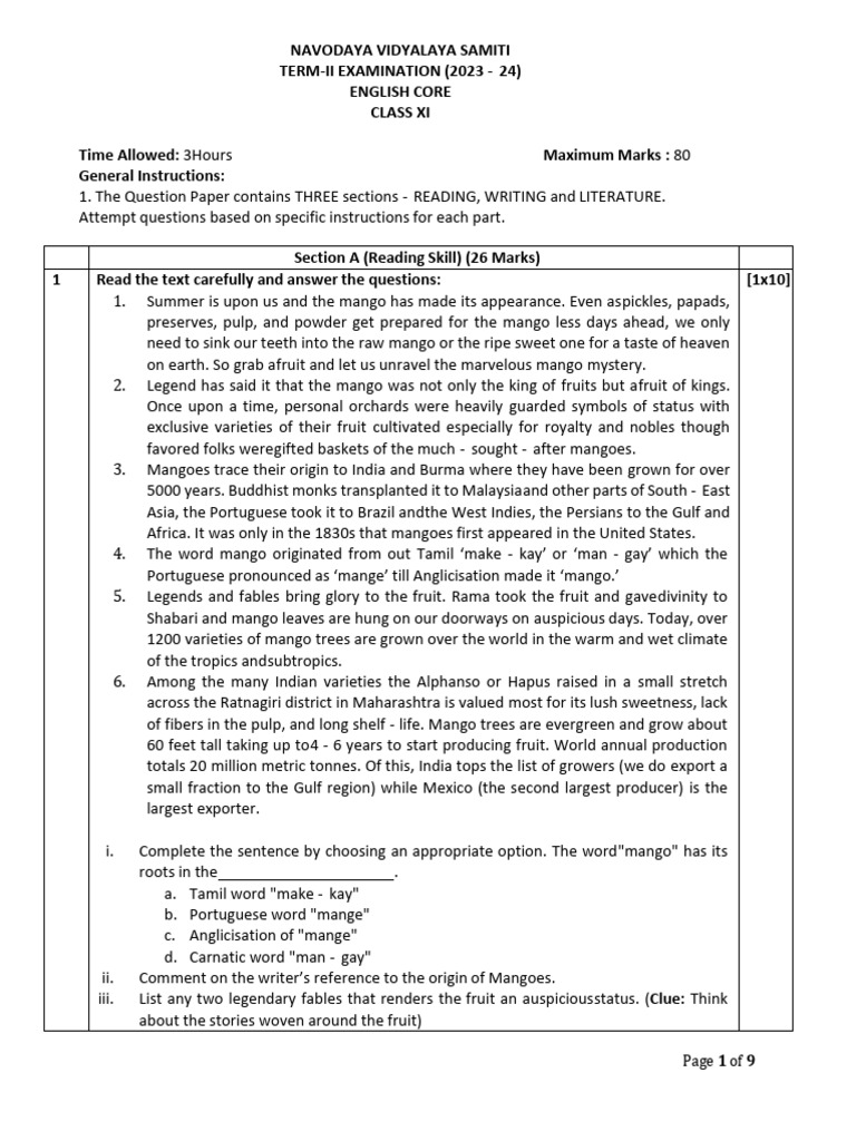 Class XI Set - I Term-II English Core Question Paper | PDF | Autism Spectrum | Mango