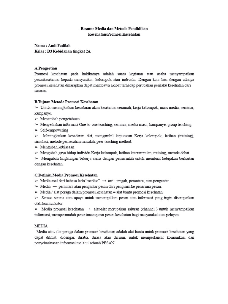 ANDI FADILAH - Tingkat 2A - Resume Media Promkes | PDF | Pengembangan Diri