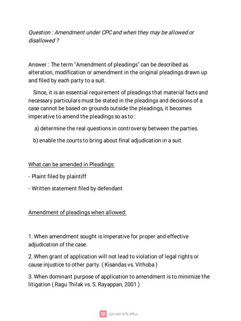 Answer On Amendment in CPC | PDF