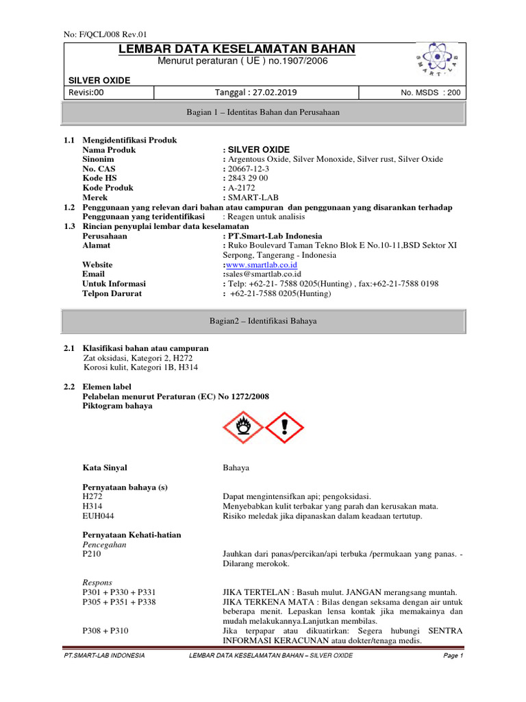 Lembar Data Keselamatan Silver Oksida | PDF