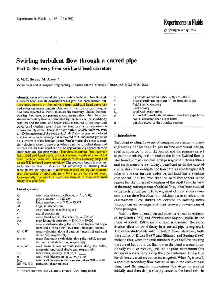 Swirling Turbulent Flow Through A Curved Pipe. Part 2 Recovery From Swirl and Bend Curvature ...