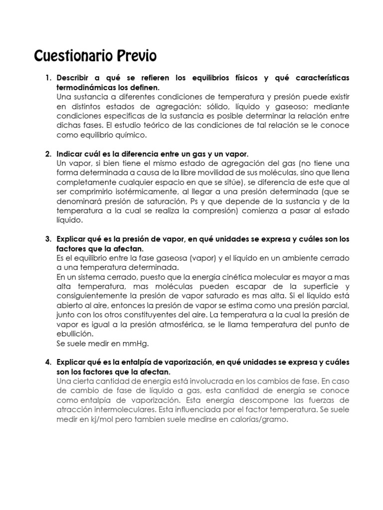 Previo 3. Equilibrio Liquido-Vapor | PDF | Gases | Vapor