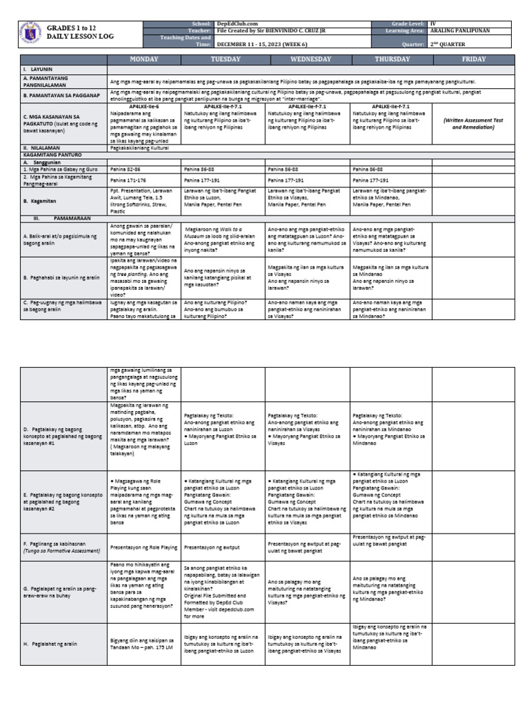DLL - Araling Panlipunan 4 - Q2 - W6 | PDF