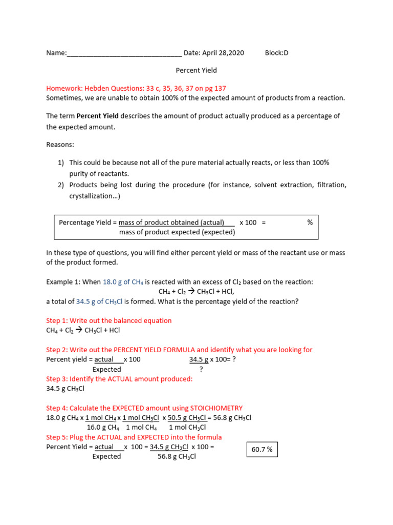 Percent Yield Filled in Notes | PDF | Stoichiometry | Chemical Reaction ...