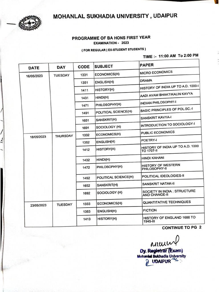Time Table of Ba Hons First Year Examination - 2023 | PDF