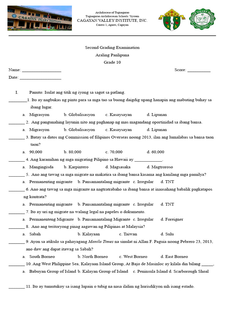 Second Grading Examination ap 10 | PDF