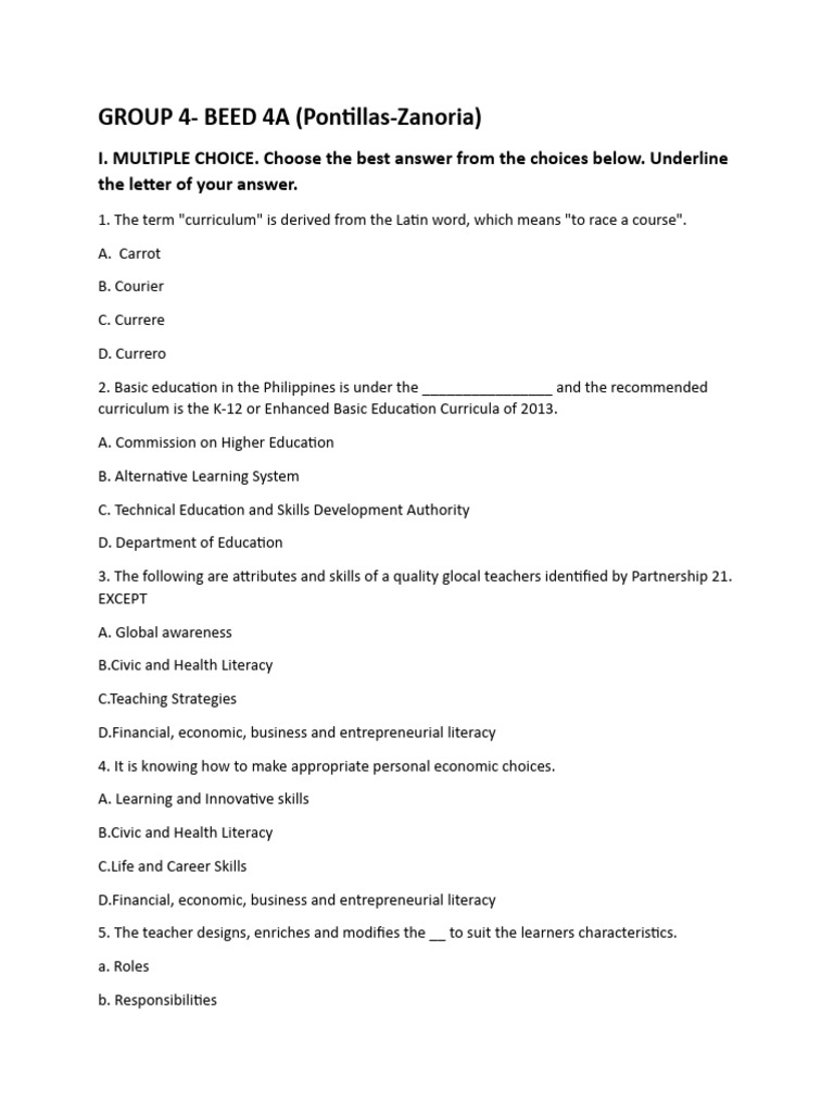 Group 4 Test Questions and Tos Beed 4a | PDF | Curriculum | Teachers