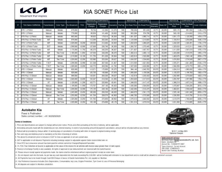 Kia Sonet Pricelist | PDF | Banks | Receipt
