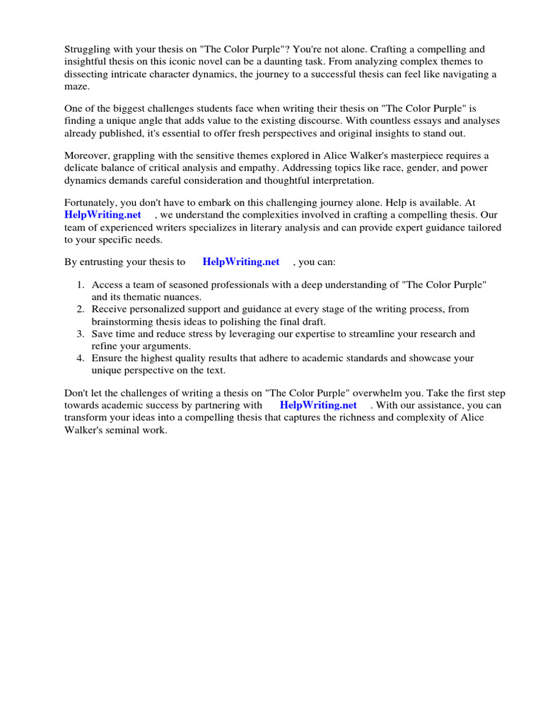The Color Purple Thesis Ideas | PDF | Mystery, Thriller & Crime Fiction