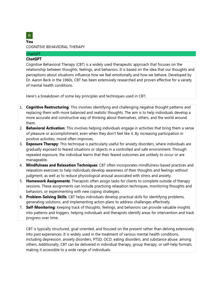 COGNITIVE BEHAVIORAL THERAPY | PDF | Cognitive Behavioral Therapy ...