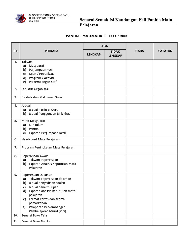 Senarai Semak Isi Kandungan Fail Panitia Mata Pelajaran 2022 | PDF