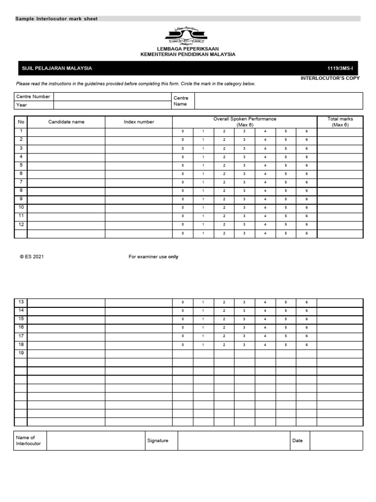 Sample Interlocutor mark sheet | PDF