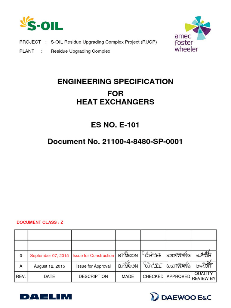 21100-4-8480-SP-0001 - 0 - Heat Exchangers (E-101) | PDF | Pipe (Fluid ...