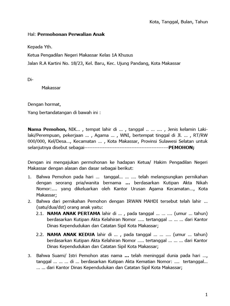 Contoh - Permohonan Penetapan Perwalian Anak | PDF Contoh - Permohonan Penetapan Perwalian Anak | PDF