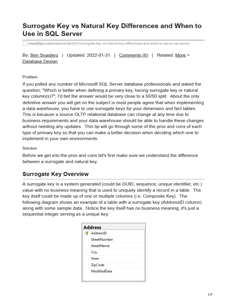 Surrogate Key Vs Natural Key Differences and When To Use in SQL Server | PDF | Database Index ...
