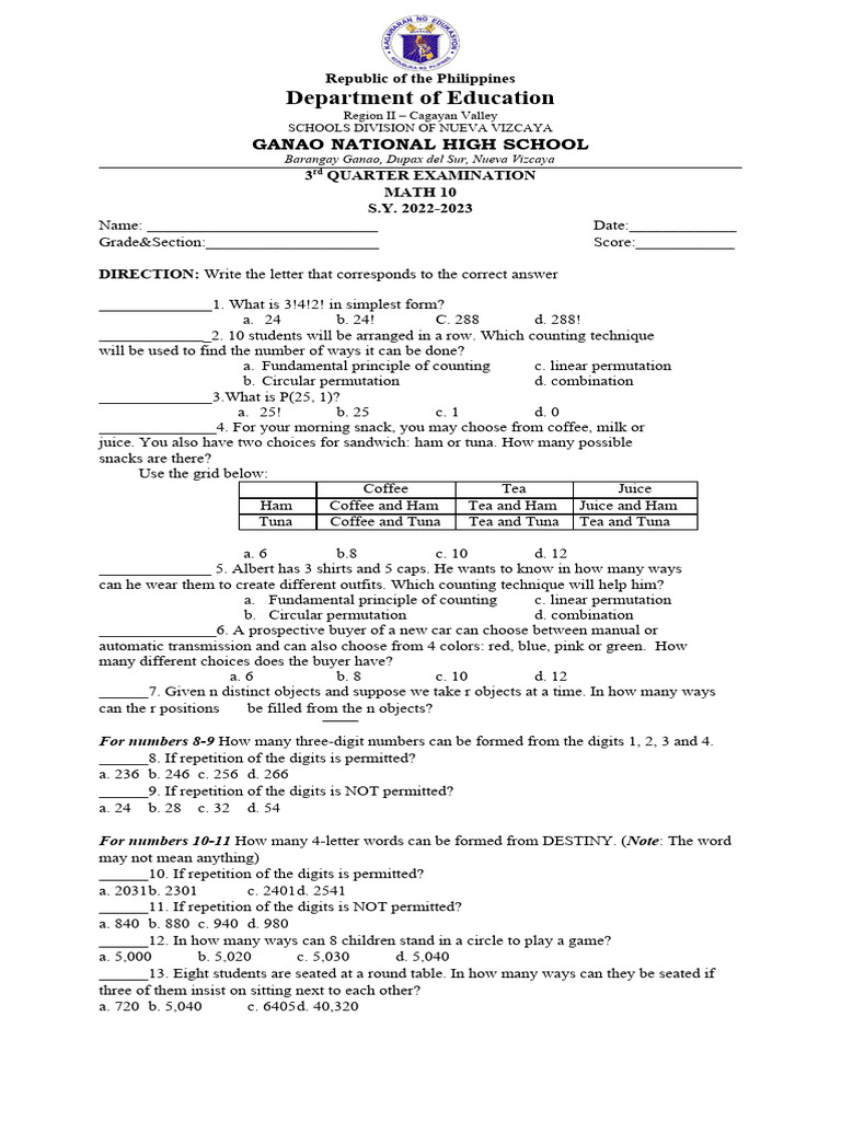 Math 10 3rd Quarter Exam Guide | PDF | Permutation | Mathematics