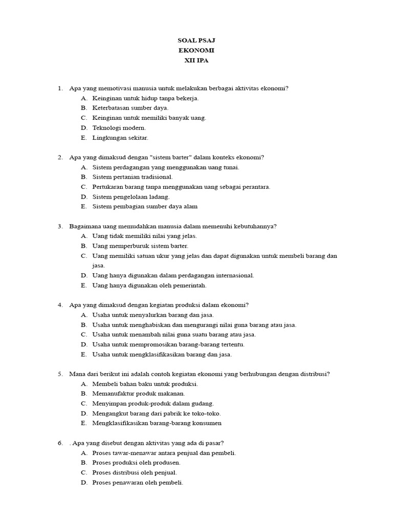 Soal Psaj Ekonomi Kelas Xii | PDF