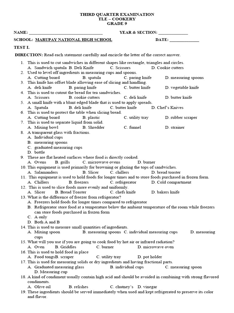Third Quarter Examination | PDF | Sandwich | Knife