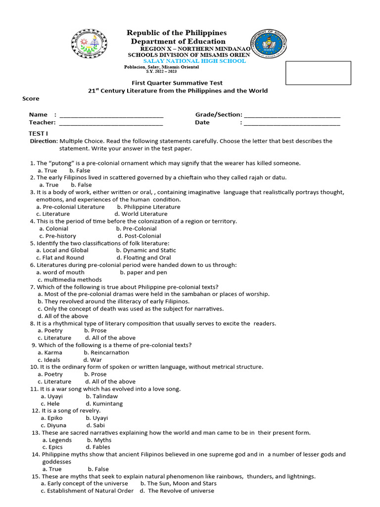 21ST Century Summative 1ST Quarter | PDF | Narrative | Poetry