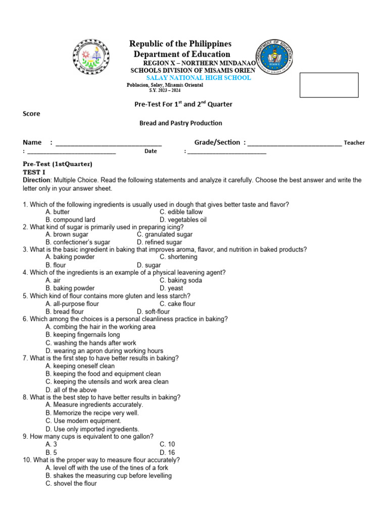 BPP NC II PRE-TEST 1ST & 2nd Quarter | PDF | Cakes | Baking