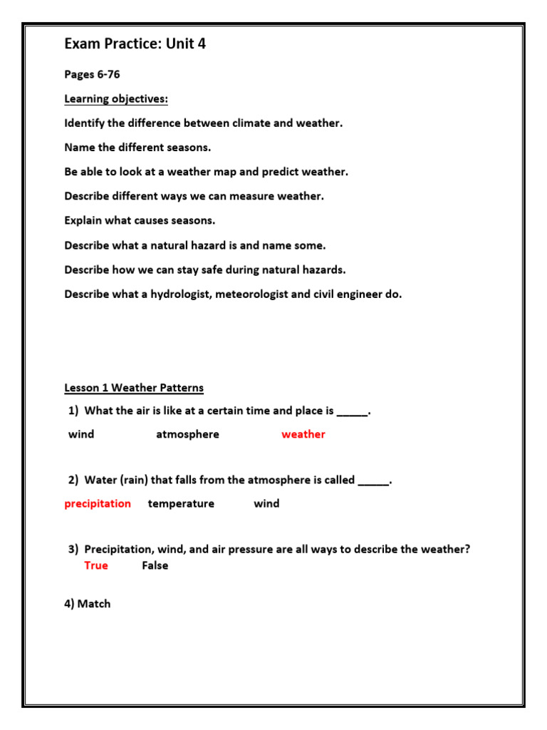 Exam Practice: Unit 4: Weather | PDF | Weather | Natural Hazards