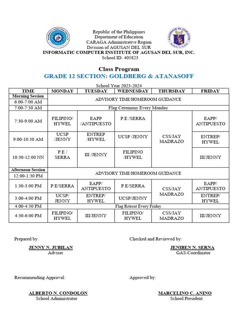 FEU Class Schedule for Grade 12 | PDF
