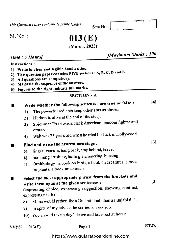 Gseb Class 10 English 013 e Mar 2023 | PDF
