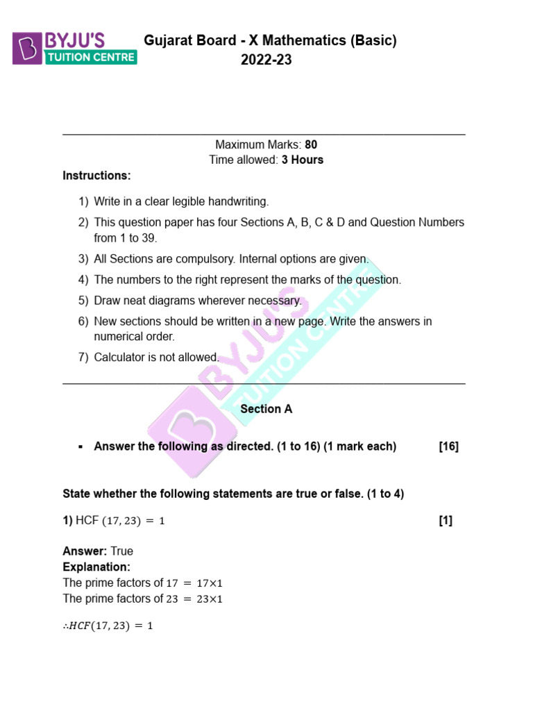 Std 10 Gujarat Board Maths Paper 2023 | PDF | Triangle | Area