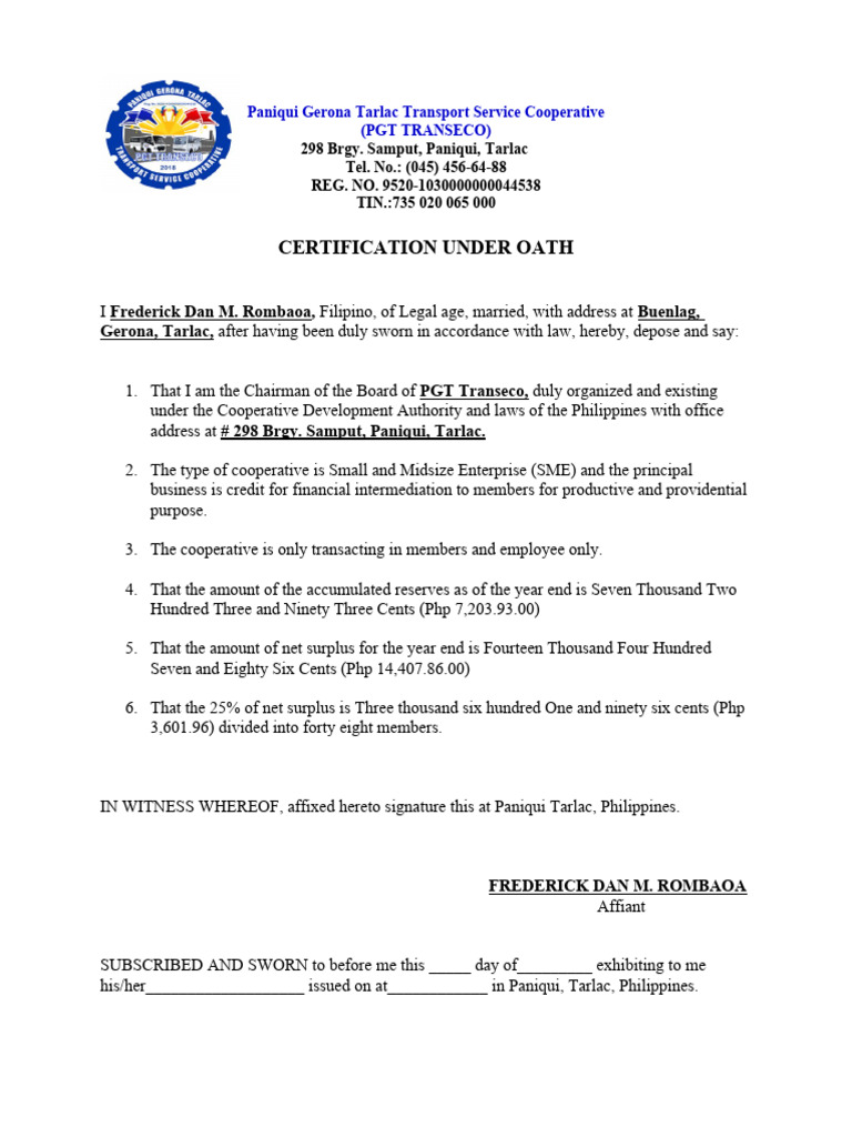 CERTIFICATION UNDER OATH Transeco | PDF