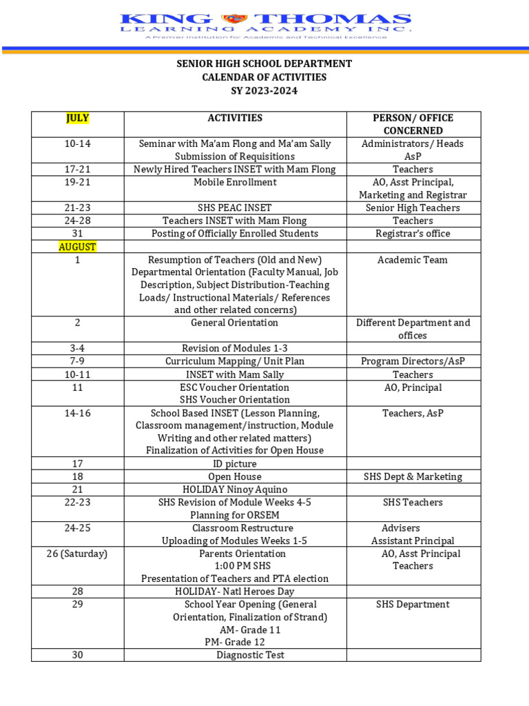 Senior High School Calendar SY 2023-2024 | PDF | Academic Term ...