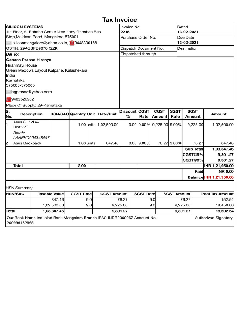 Asus Laptop2 Invoice Ganesh Prasad H | PDF | Invoice | Money