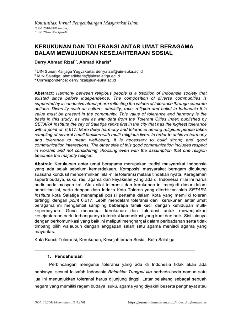 Kerukunan Dan Toleransi Antar Umat Beragama Dalam Mewujudkankesejahteraan Sosial | PDF