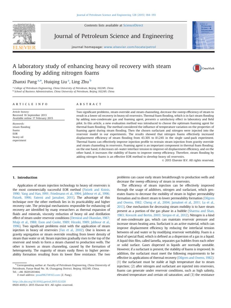 A Laboratory Study of Enhancing Heavy Oil Recovery - Steam - Foam | PDF | Petroleum Reservoir | Foam