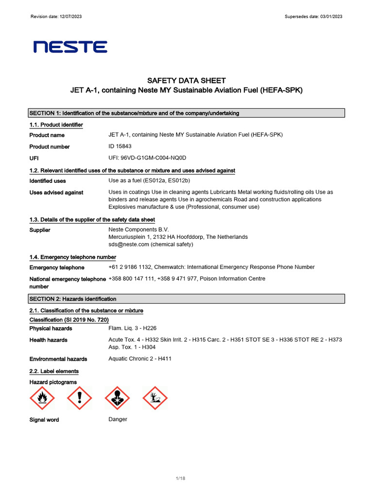 Safety Data Sheet JET A-1, Containing Neste MY Sustainable Aviation ...