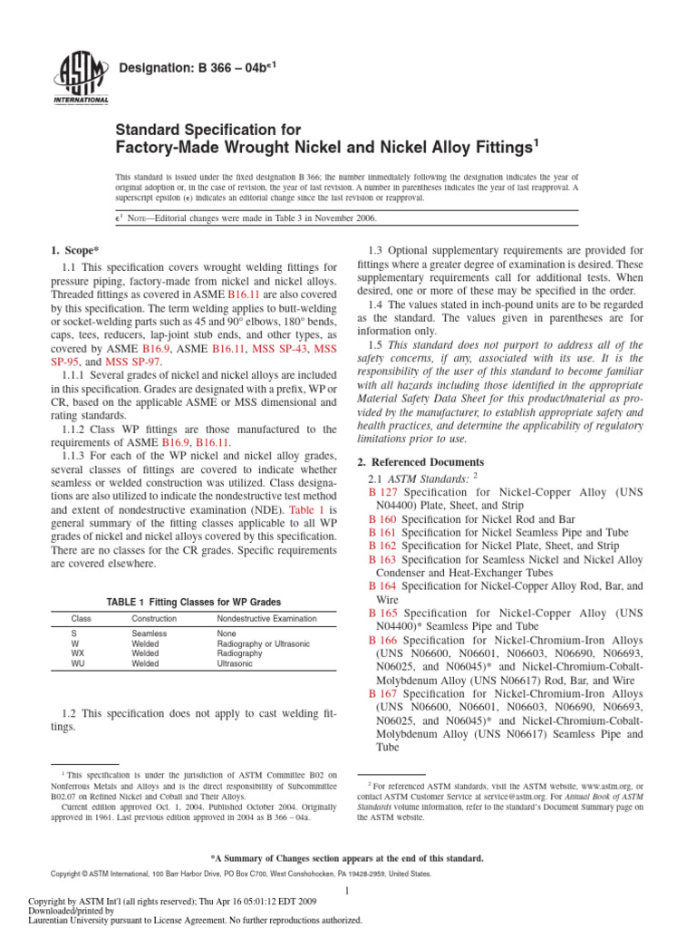 Factory-Made Wrought Nickel and Nickel Alloy Fittings: Standard Specification For | PDF | Pipe ...