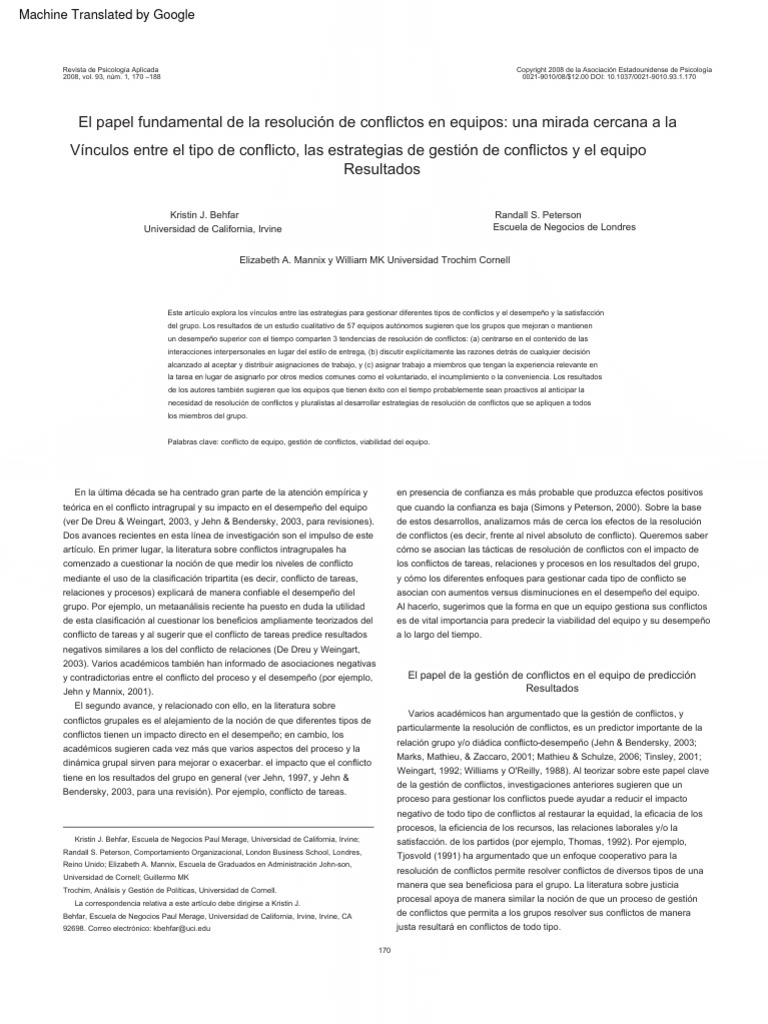 El Papel Fundamental de La Resolución de Conflictos en Equipos J. Behfar | PDF | Metodología de ...