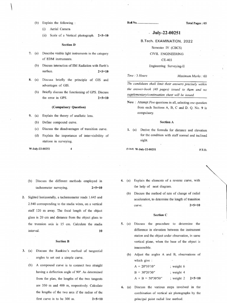 Btech Ce 4 Sem Engineering Surveying 2 00251 Jul 2022 | PDF