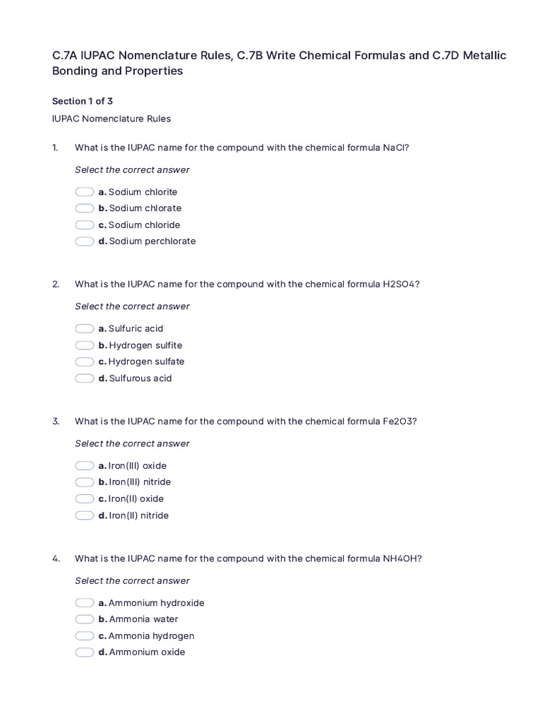C.7A IUPAC Nomenclature Rules, C.7B Write Chemical Formulas and C.7D ...