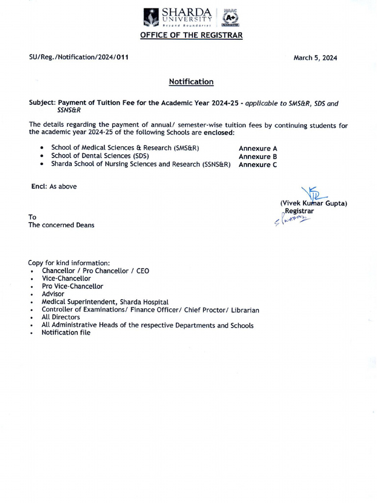 SU Reg Notification 2024 011 Payment of T Fee AY 2024-25 SMSR-SDS-SNSR ...
