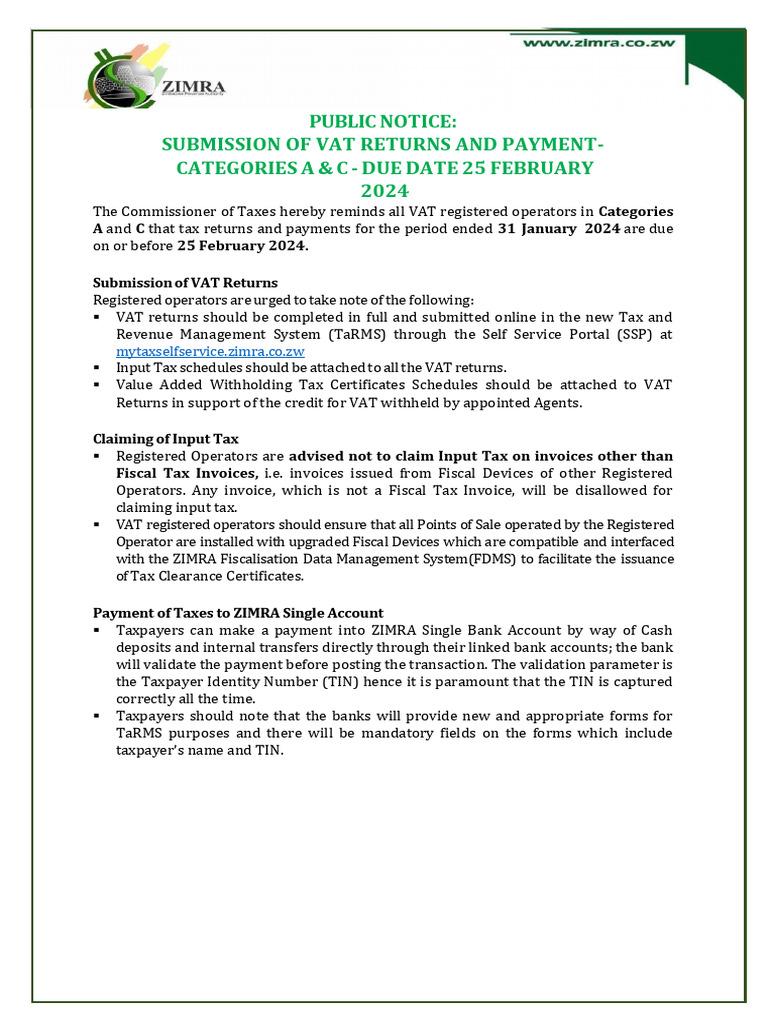 Public Notice 15 of 2024 VAT Returns and Payments - Categories A and C ...