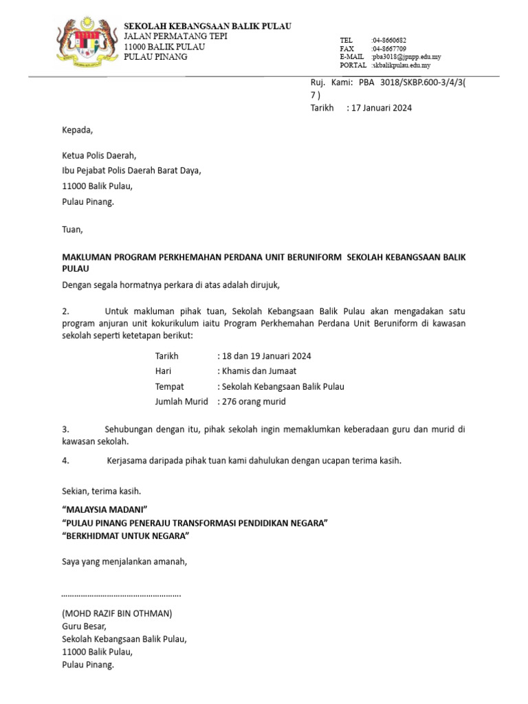 SURAT MAKLUMAN POLIS Program Di Sekolah | PDF