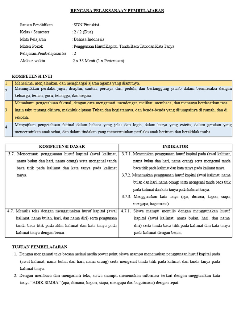 RPP Bahasa Indonesia Kelas 2 | PDF | Seni & Disiplin Bahasa
