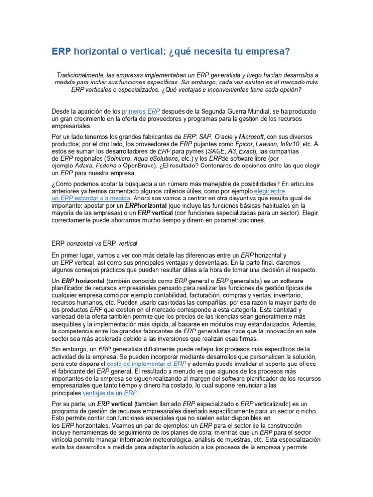 ERP Horizontal vs Vertical: Guía Completa | PDF | Planificación de ...