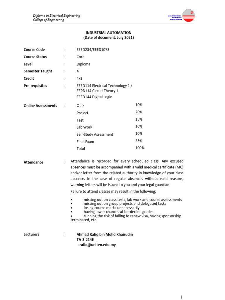 UNITEN - Course Outlines - EEED234-1073 - Industrial Automation July | PDF | Programmable Logic ...