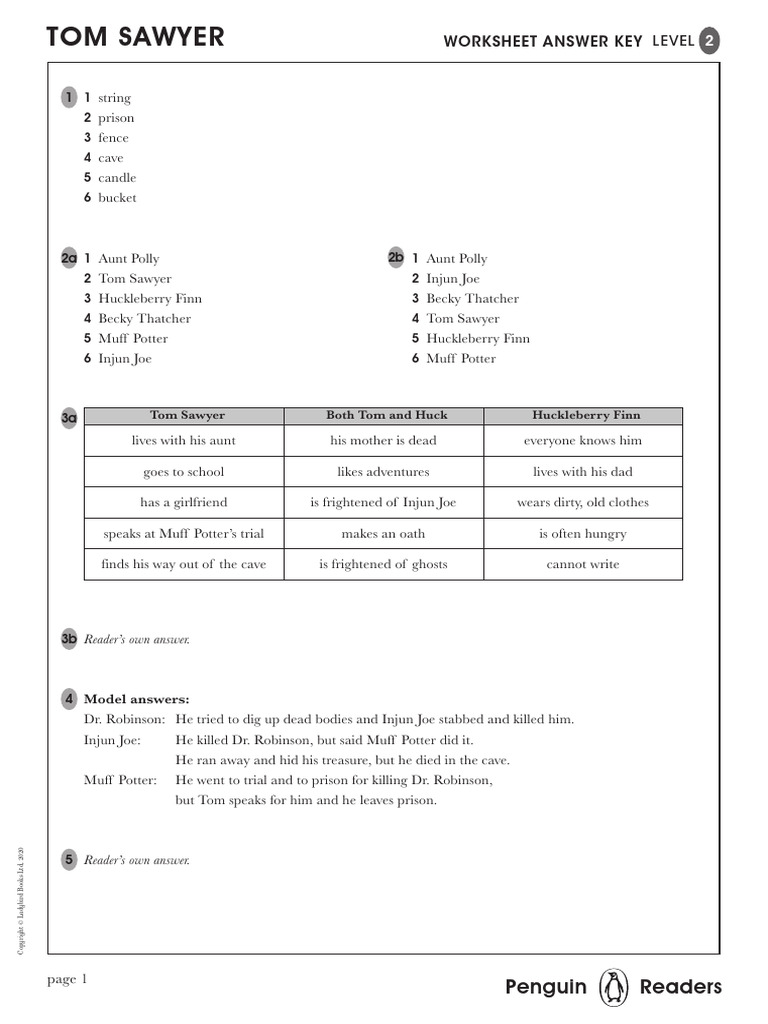 PR Tom Sawyer WorksheetAnswerKey LR | PDF | The Adventures Of Tom Sawyer