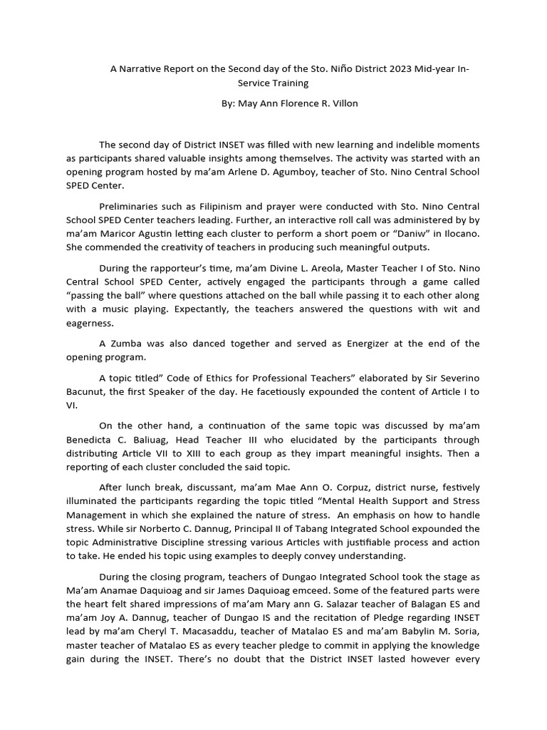 A Narrative Report On The Second Day of The Sto. NINO | PDF | Behavioural Sciences | Cognition