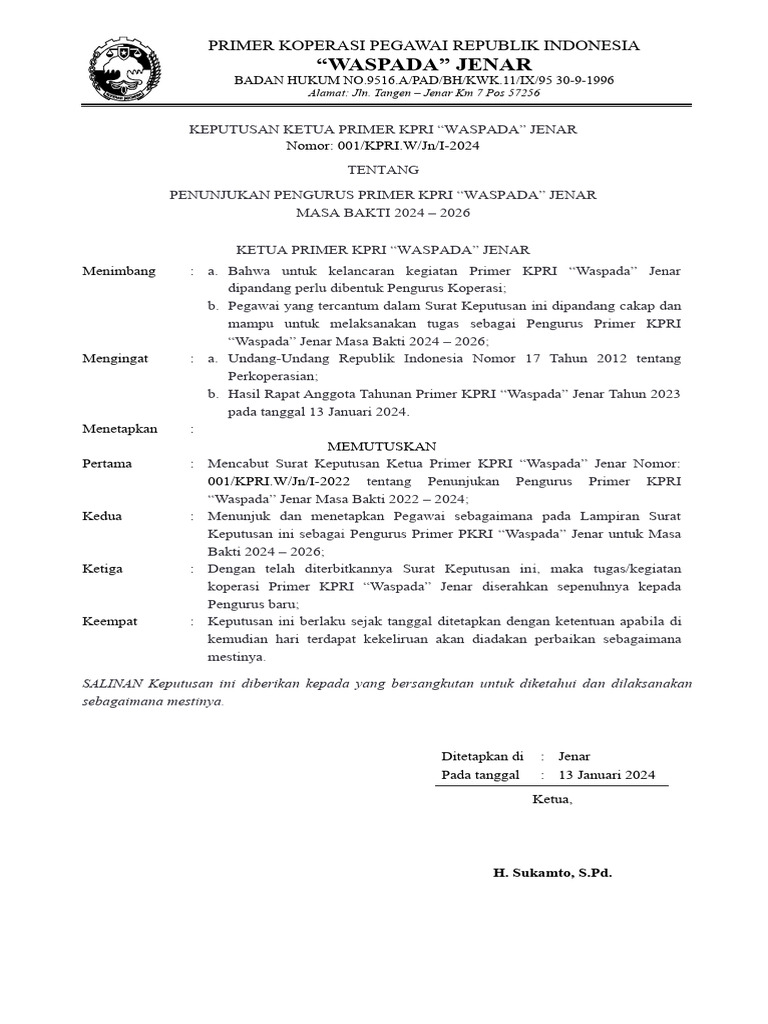 48 SK Penunjukan Pengurus Koperasi | PDF