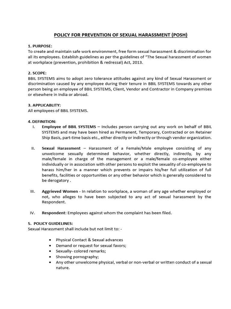 Example POSH-policy | PDF | Sexual Harassment | Employment