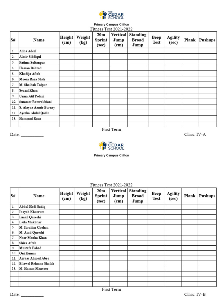 Fitness Test Sheets | PDF