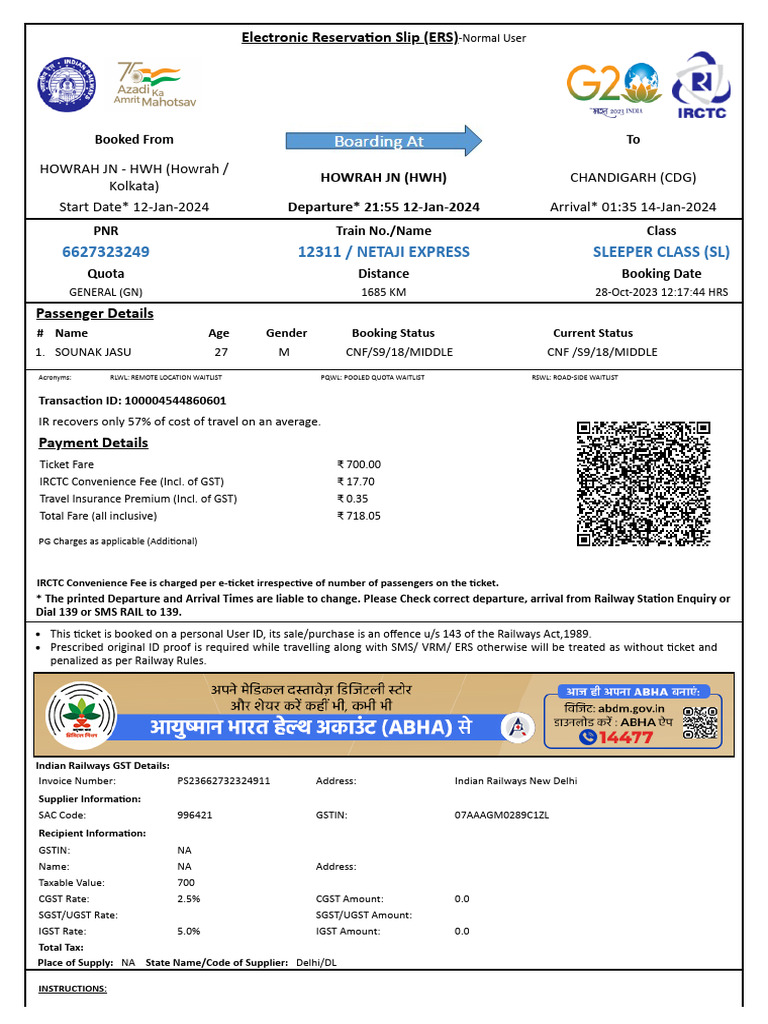 Netaji Express Sleeper Class (SL) | PDF | Identity Document